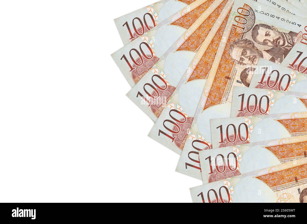 100 Dominican peso bills lies isolated on white background with copy ...