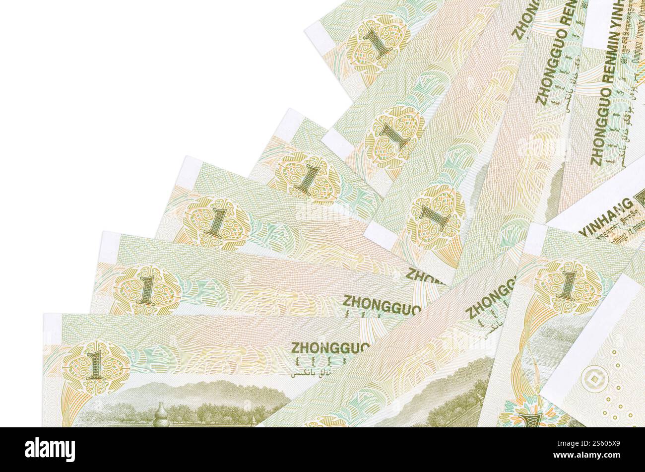 1 Chinese yuan bills lies in different order isolated on white. Local ...