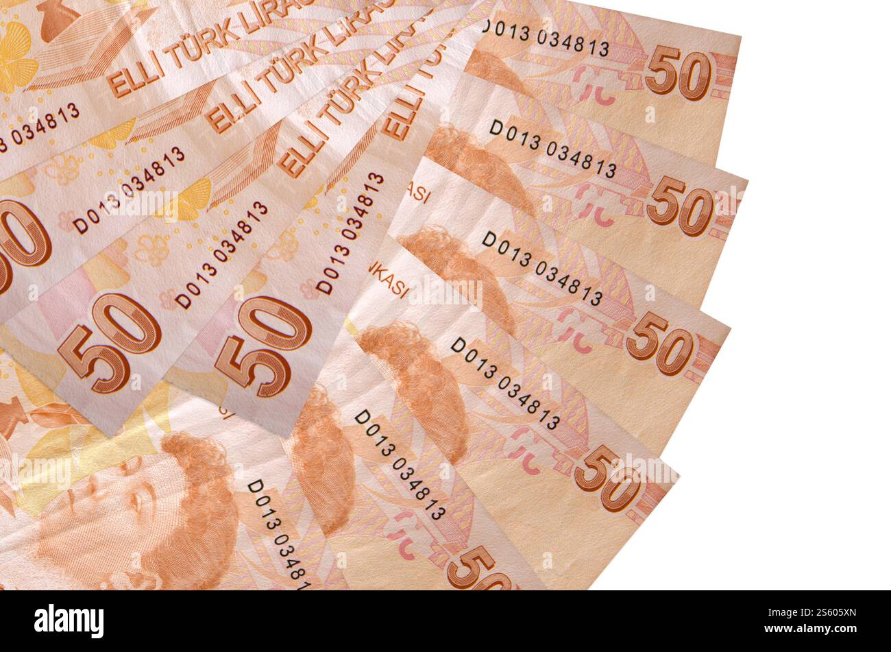 50 Turkish liras bills lies isolated on white background with copy ...