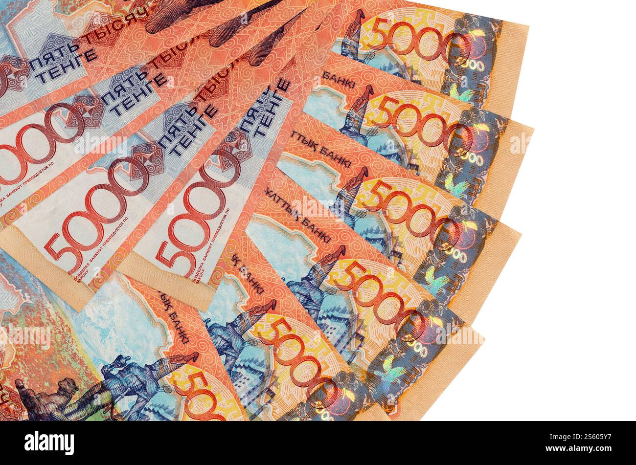 5000 Kazakhstani tenge bills lies isolated on white background with ...