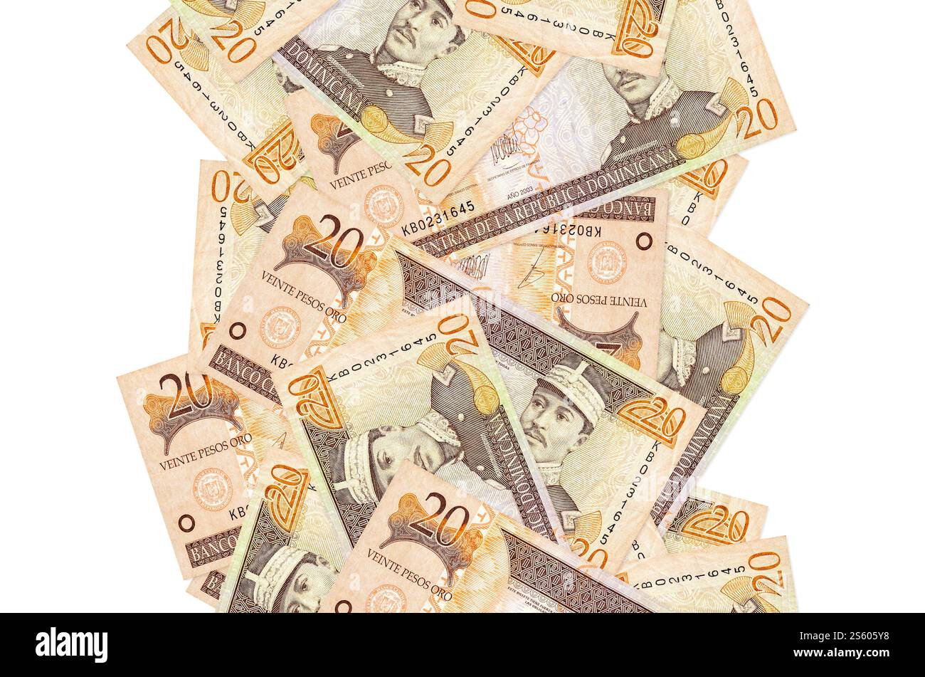 20 Dominican peso bills flying down isolated on white. Many banknotes ...