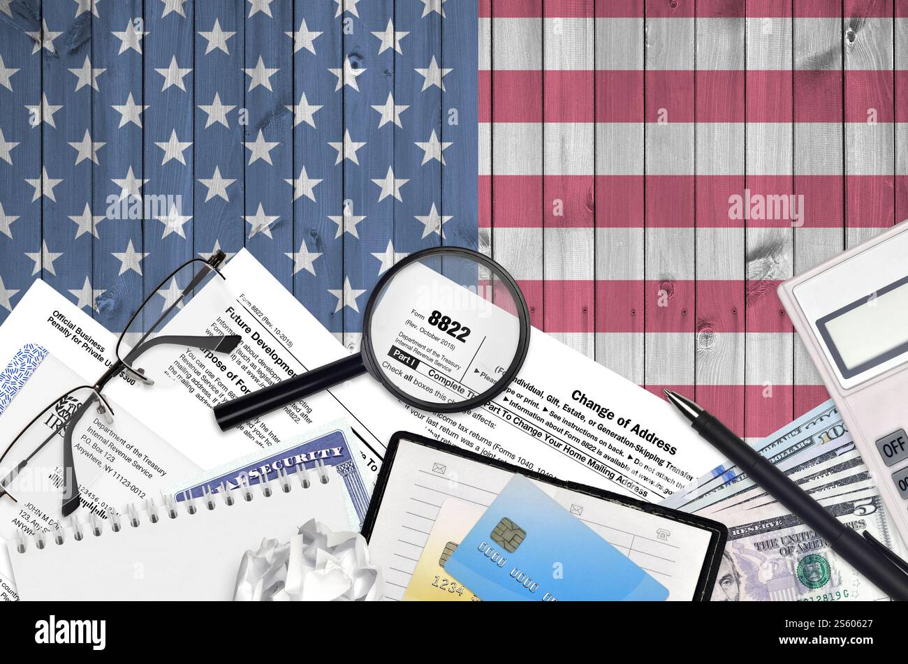 IRS form 8822 Change of Address lies on flat lay office table and ready ...