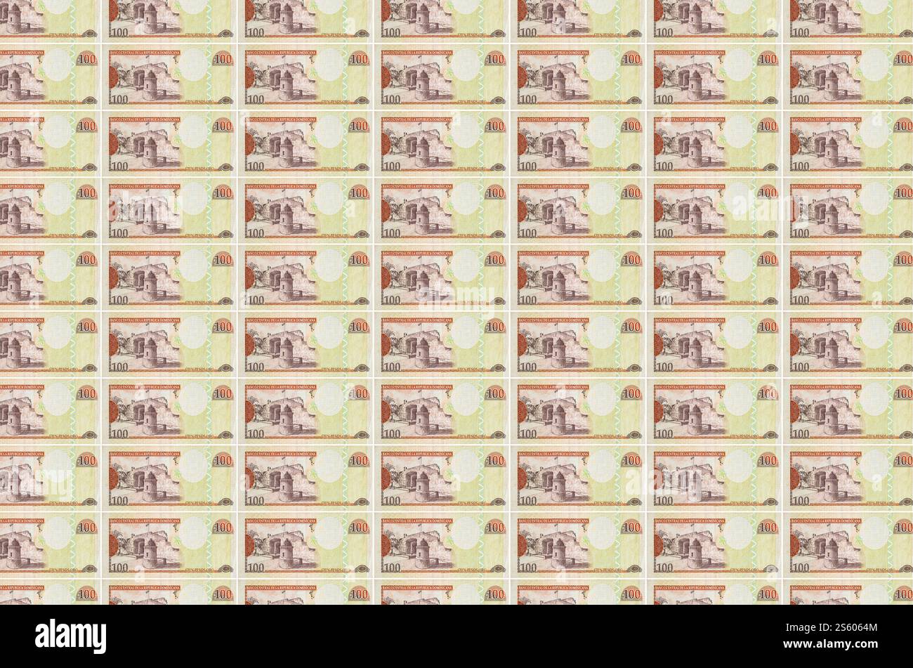 100 Dominican peso bills printed in money production conveyor. Collage ...
