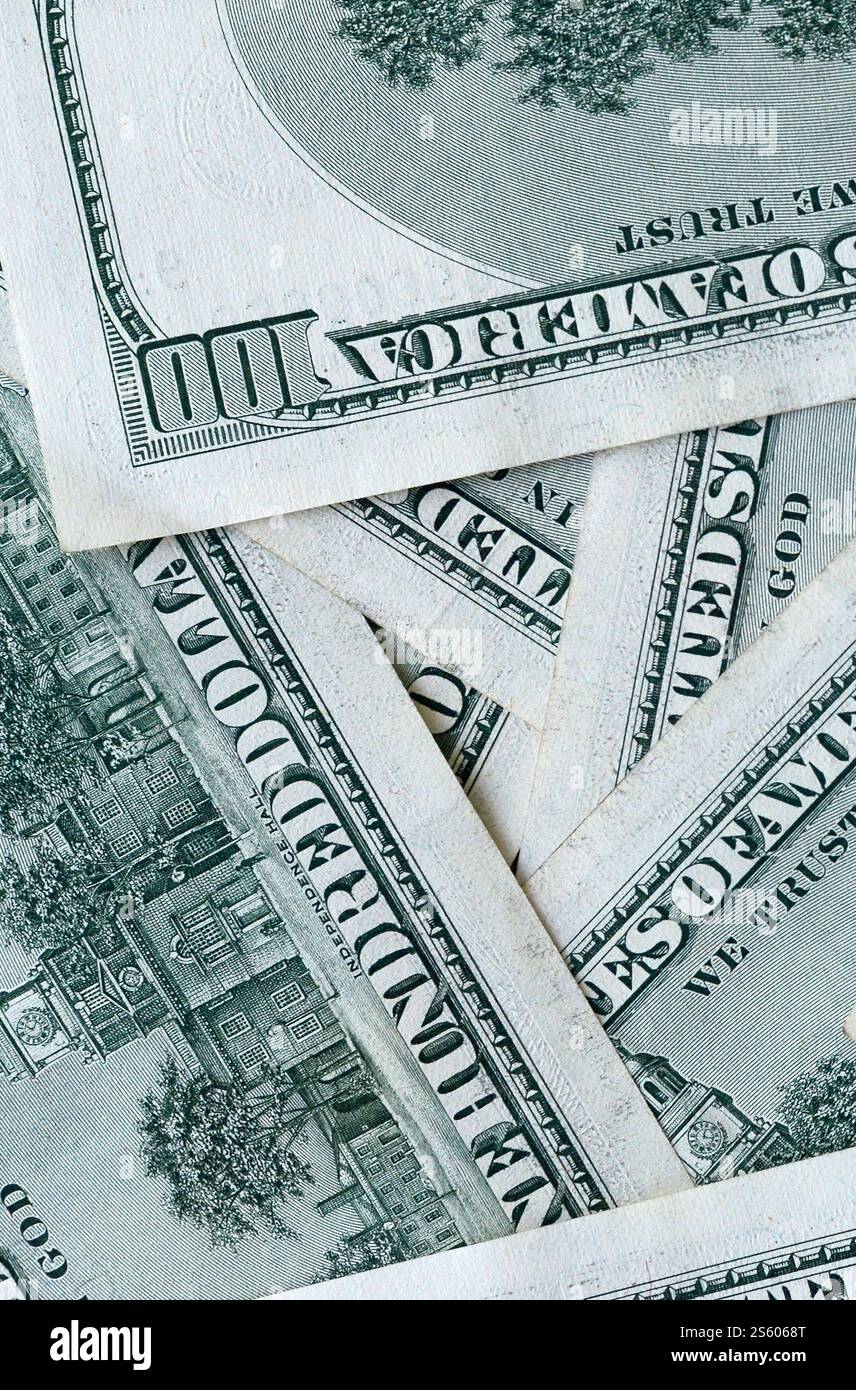 Background of 100 dollar bills. Abstract textured backdrop with many ...