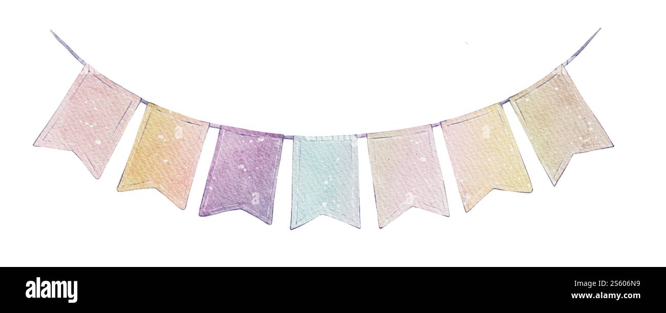 Festive flags and garlands in watercolor. The clip art in delicate ...
