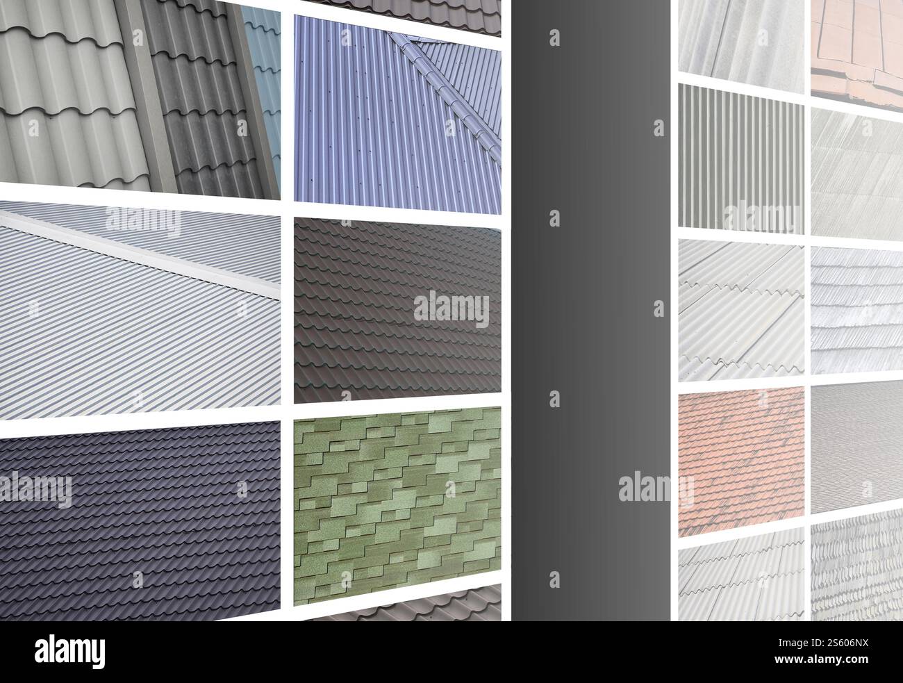 A collage of many pictures with fragments of various types of roofing ...