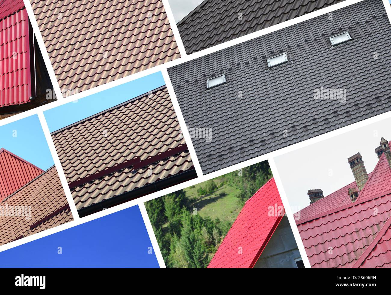 A collage of many pictures with fragments of various types of roofing ...