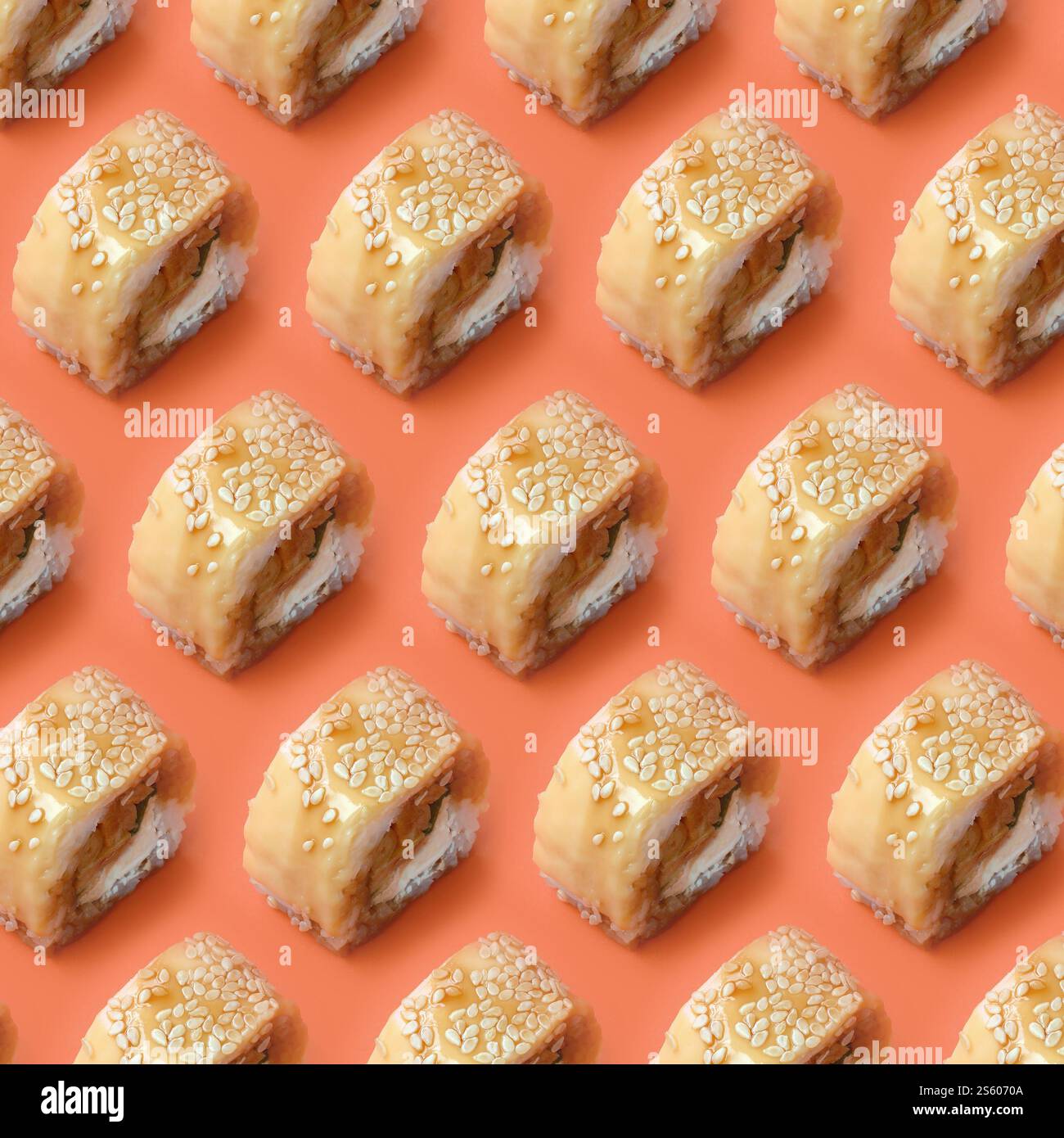 Tori Katsu sushi Rolls Maki with processed cheese on orange background close up. Minimalism top ...