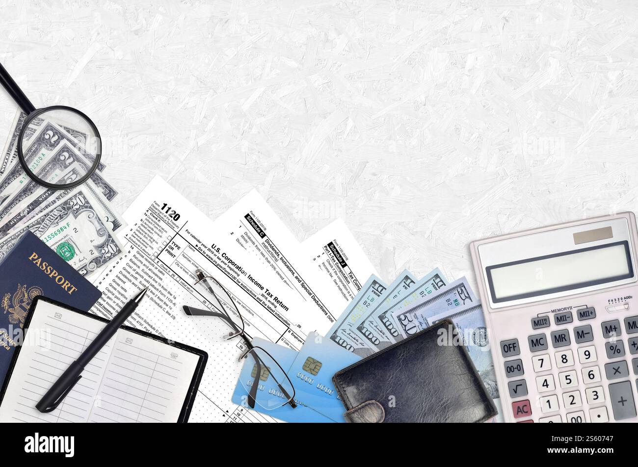 IRS form 1120 U.S. Corporation income tax return lies on flat lay ...