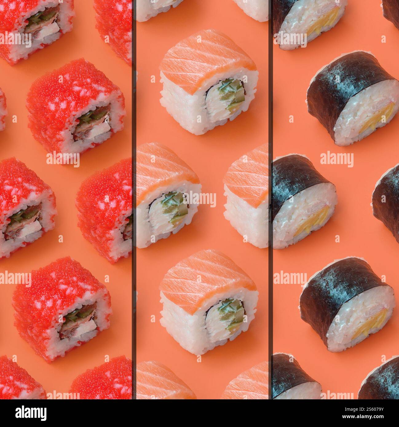 Collage with Different types of asian sushi rolls on orange background ...