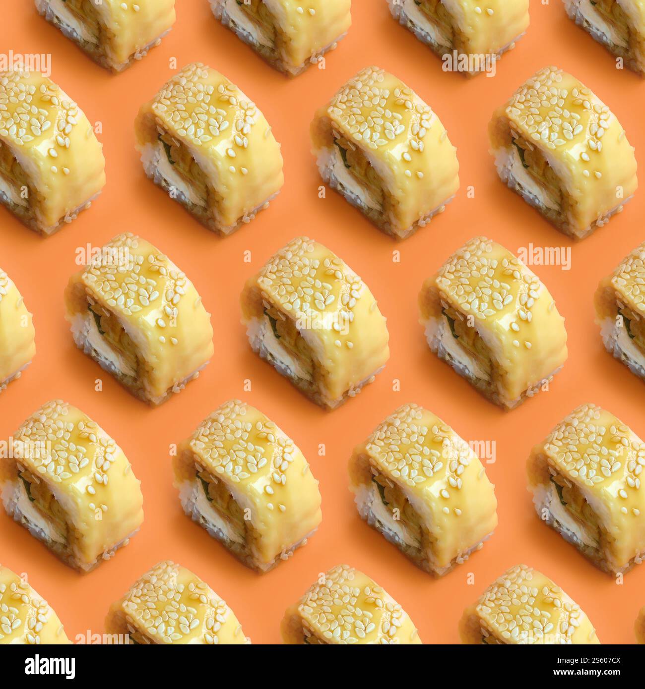 Tori Katsu sushi Rolls Maki with processed cheese on orange background ...
