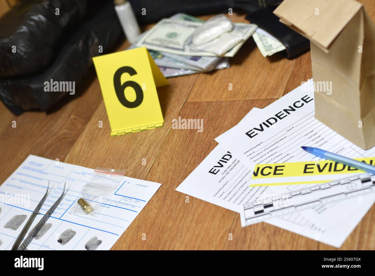 Evidence Chain of Custody Labels and brown paper bag with fingerprints ...
