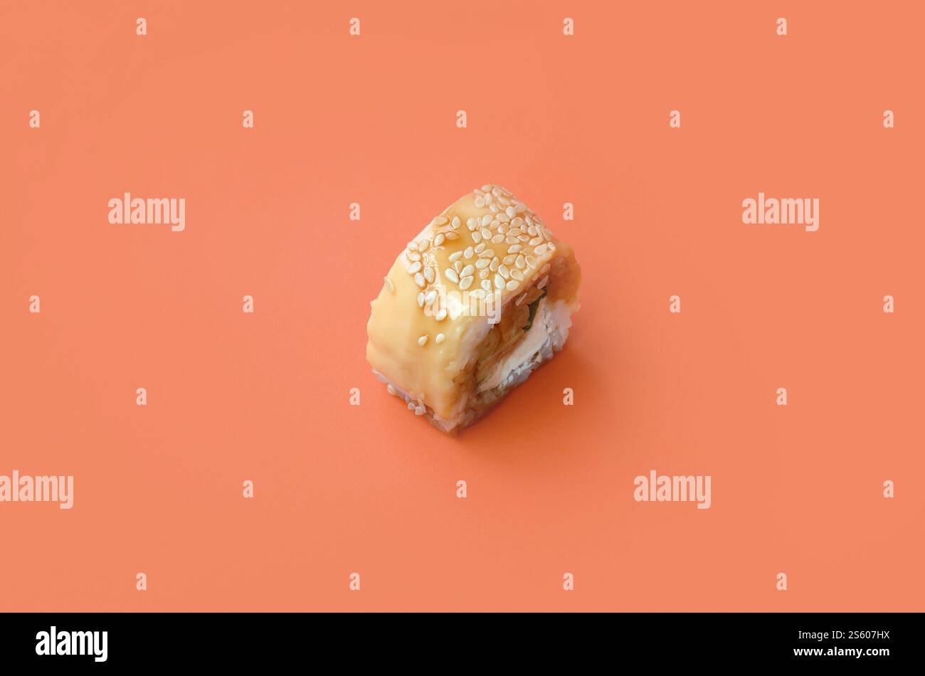 Tori Katsu sushi Roll Maki with processed cheese on orange background ...