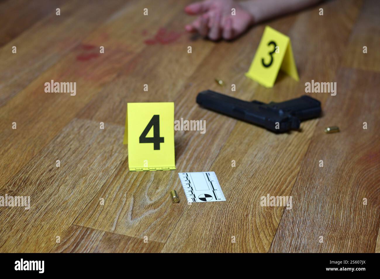 Bloody crime scene with dead body and gun on floor. Many crime scene ...