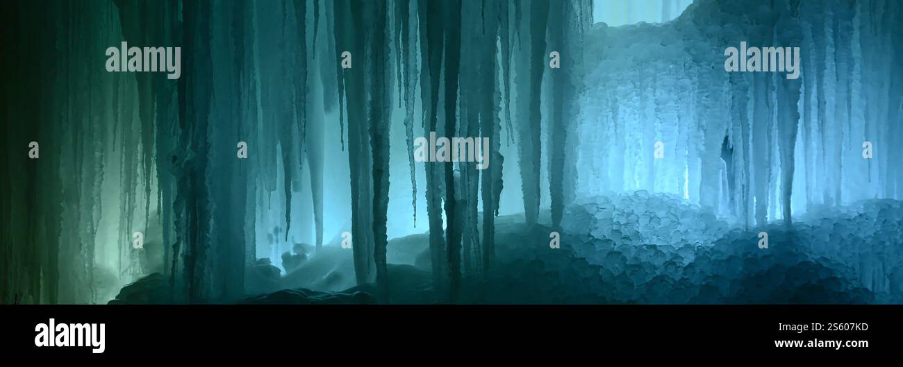 Huge ice icicles. Fragment of large blocks of ice frozen waterfall of ...