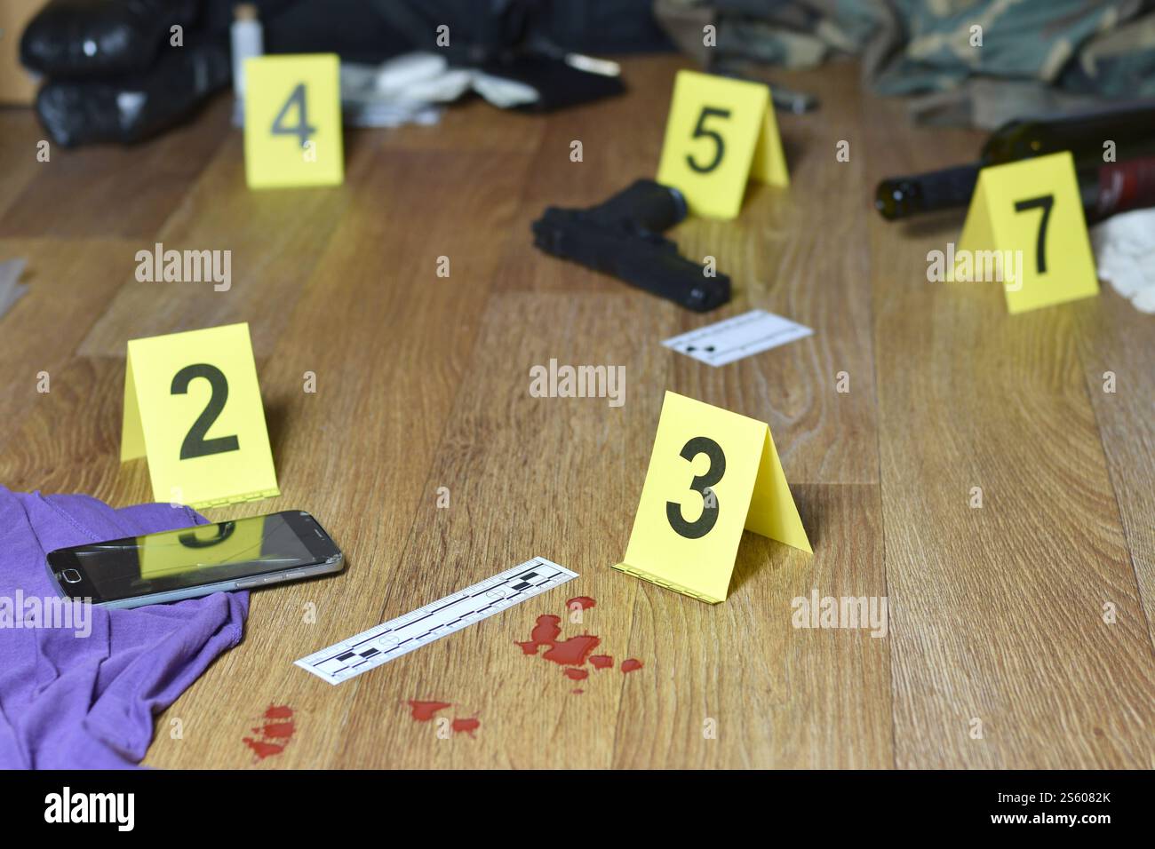 Id tents at crime scene after gunfight indoors. Blood and gun ...