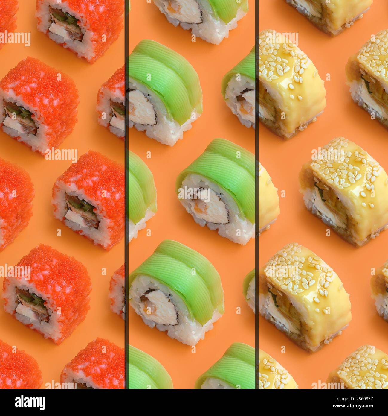Collage with Different types of asian sushi rolls on orange background ...