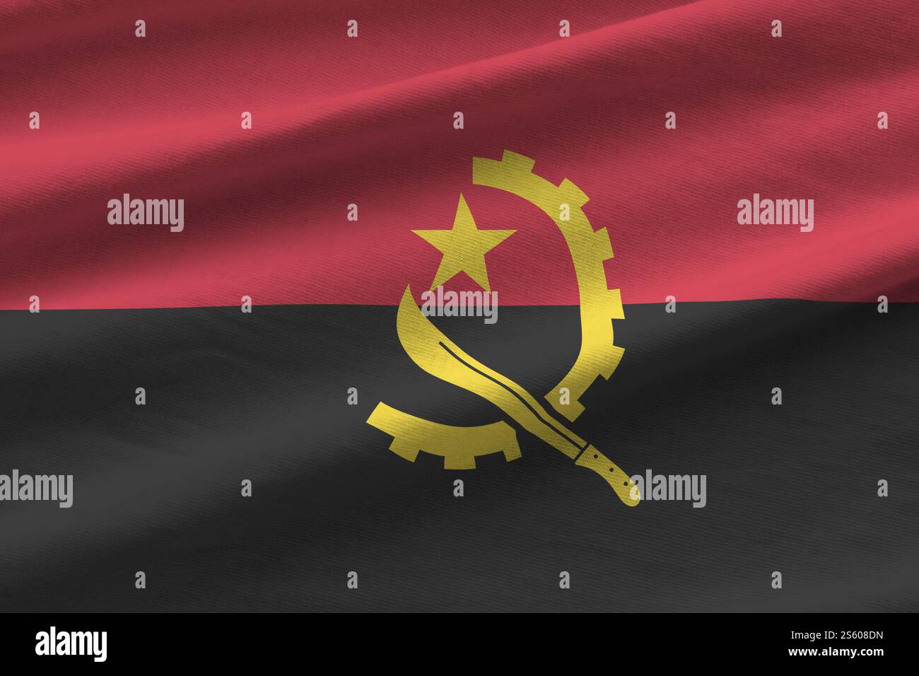 Angola flag with big folds waving close up under the studio light ...