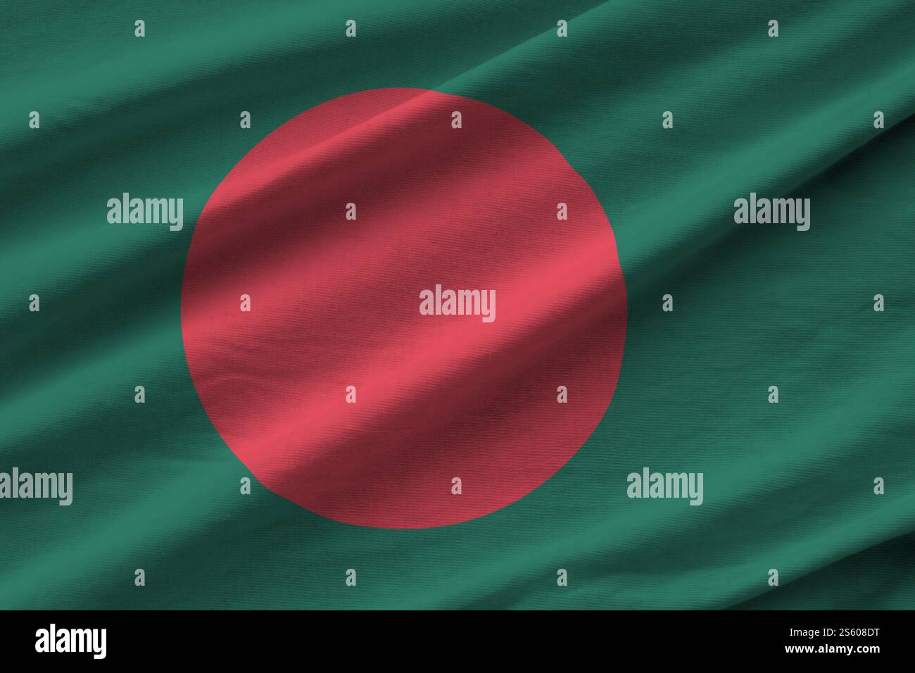 Bangladesh flag with big folds waving close up under the studio light ...