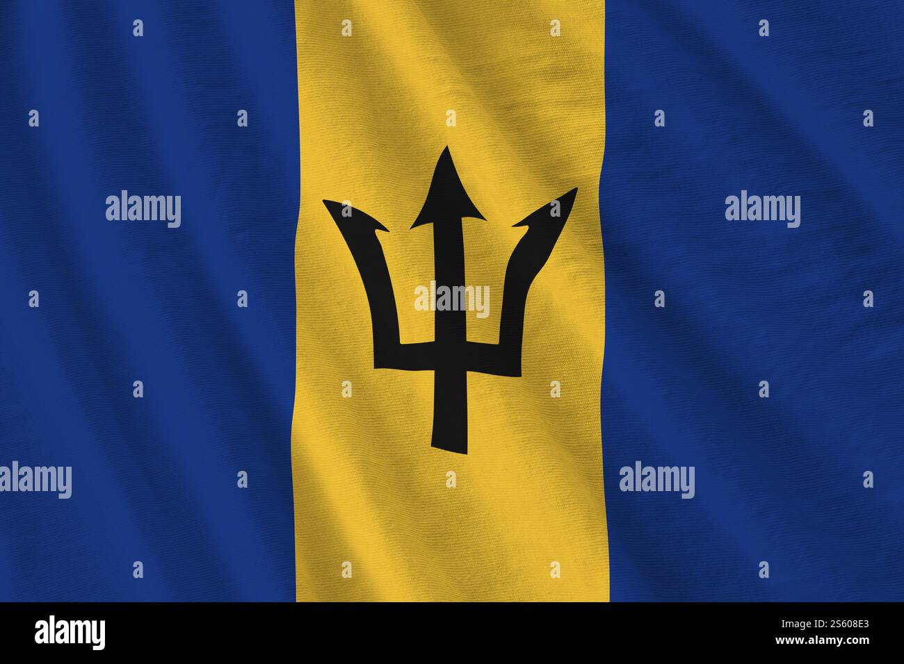 Barbados flag with big folds waving close up under the studio light ...