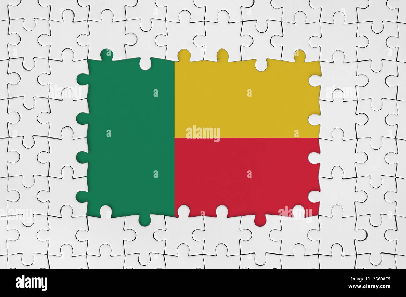 Benin flag in frame of white puzzle pieces with missing central parts ...