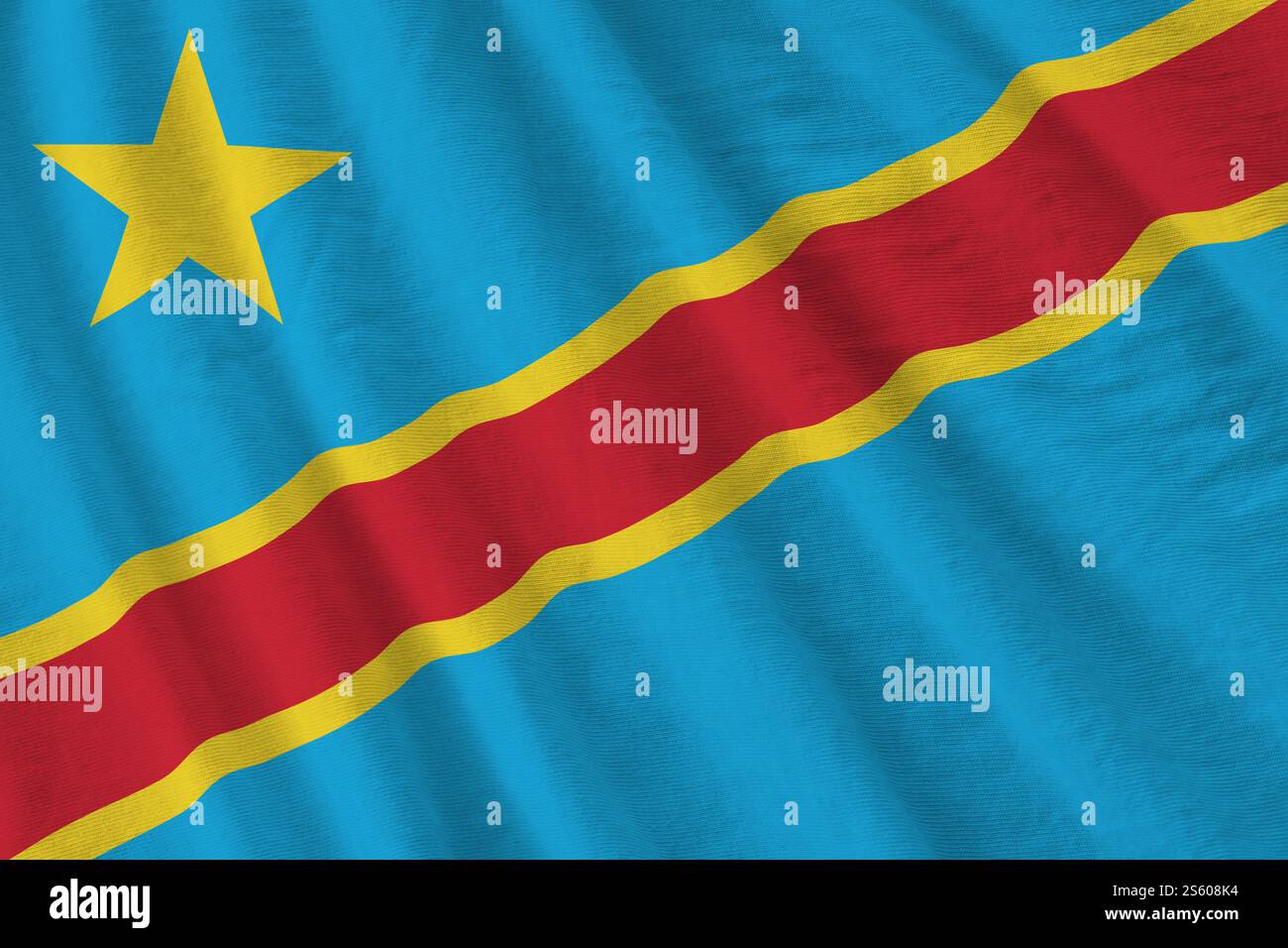 Democratic Republic of the Congo flag with big folds waving close up ...