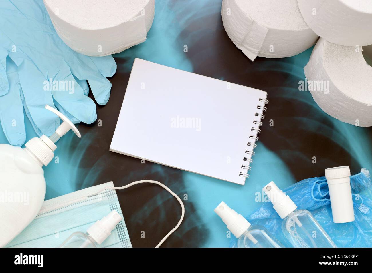 Set of items for Covid-19 quarantine. Empty notepad page and toilet ...