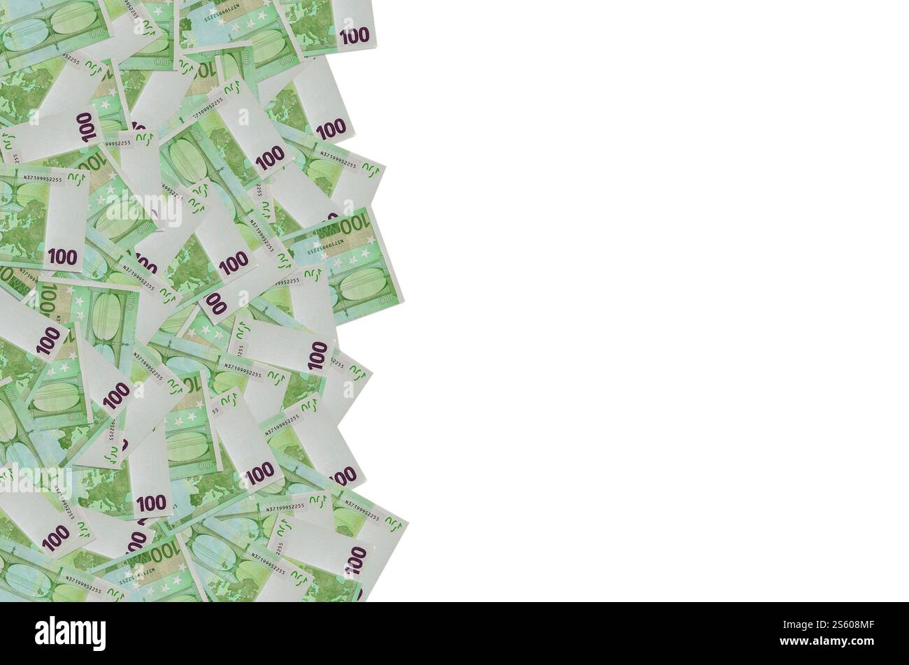 Front part of 100 euro banknote close-up with small green details ...