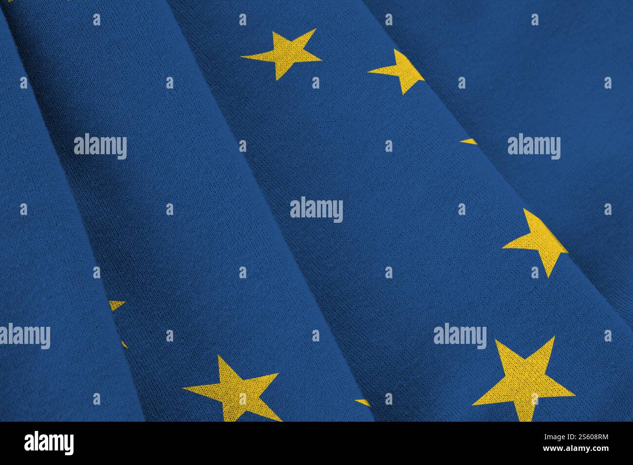 European union flag with big folds waving close up under the studio ...