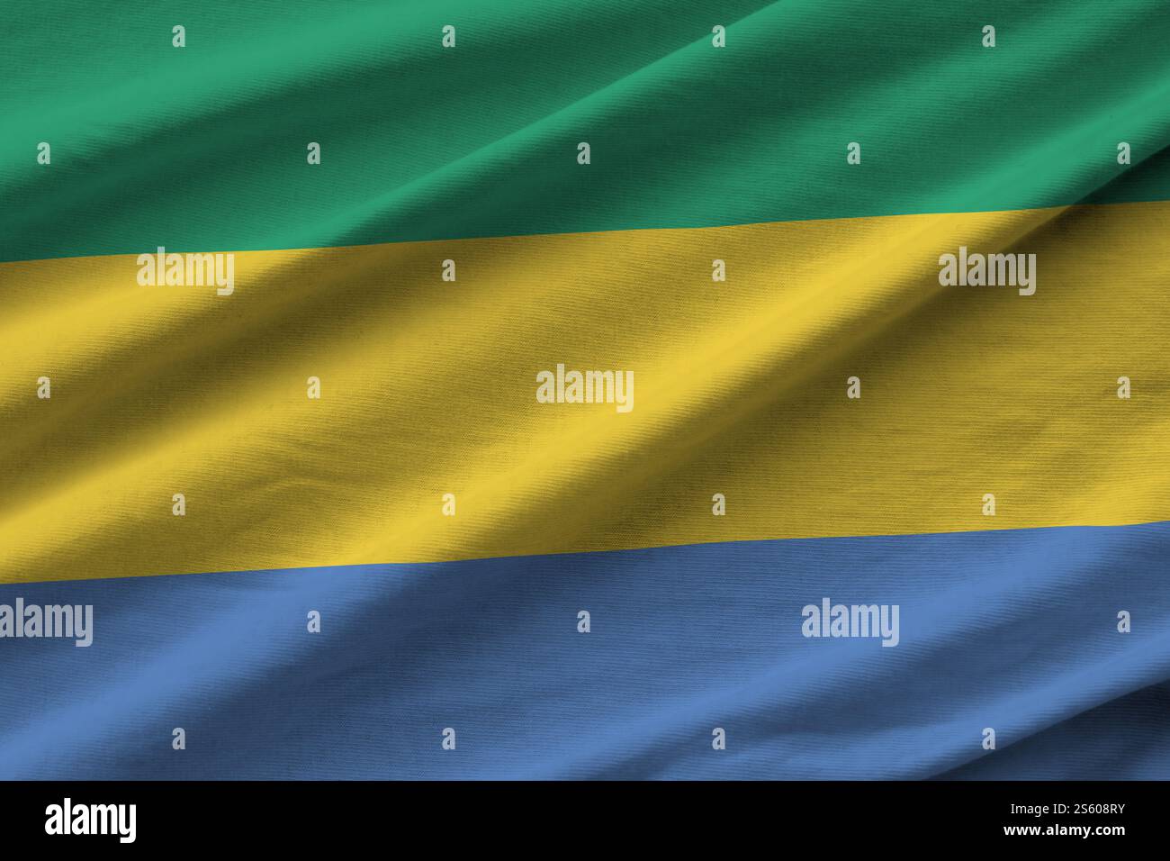 Gabon flag with big folds waving close up under the studio light ...