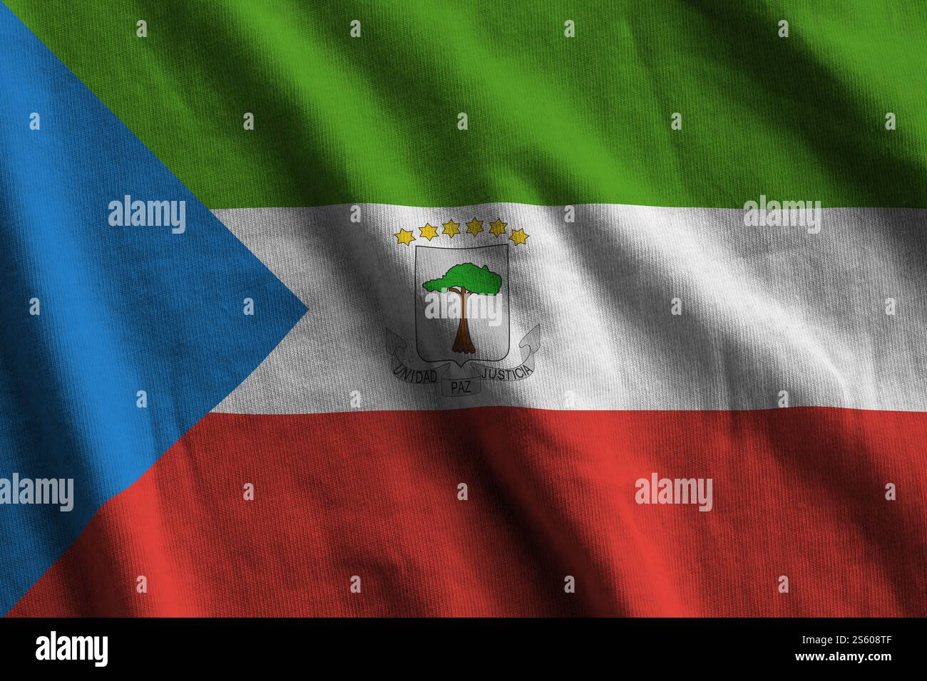 Equatorial Guinea flag with big folds waving close up under the studio ...