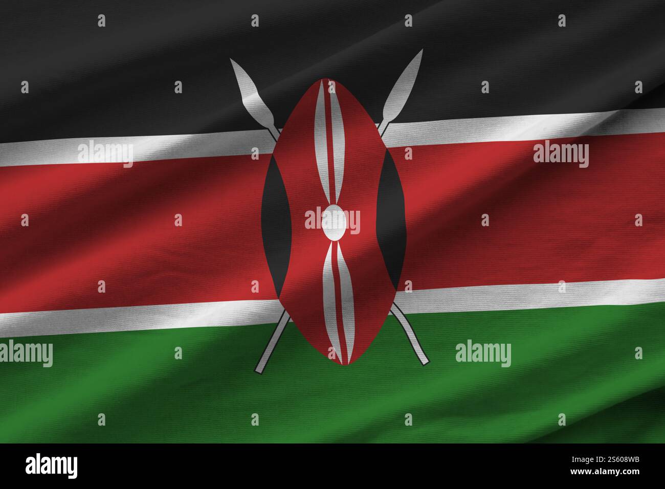 Kenya flag with big folds waving close up under the studio light ...