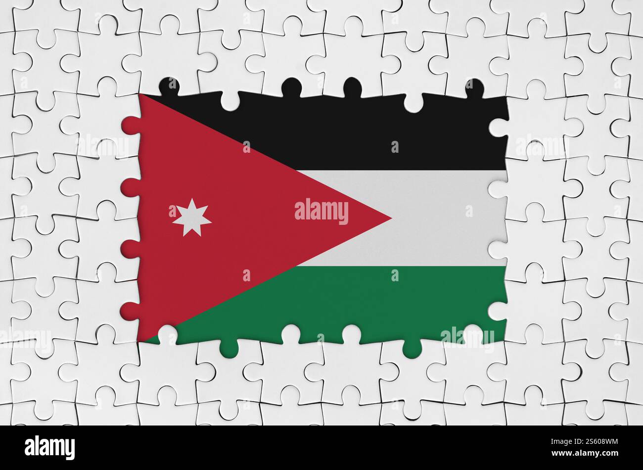 Jordan flag in frame of white puzzle pieces with missing central parts ...