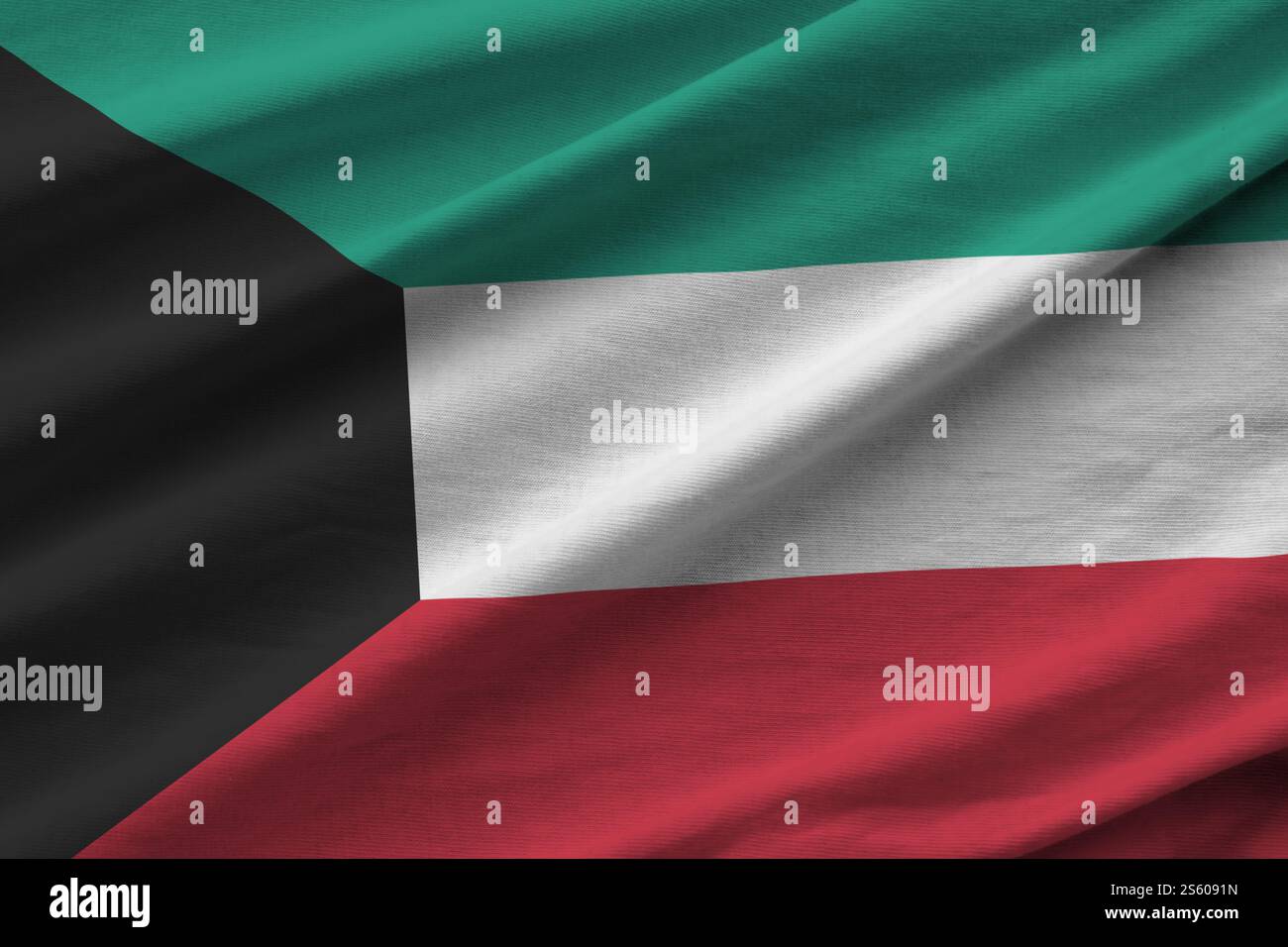 Kuwait flag with big folds waving close up under the studio light ...