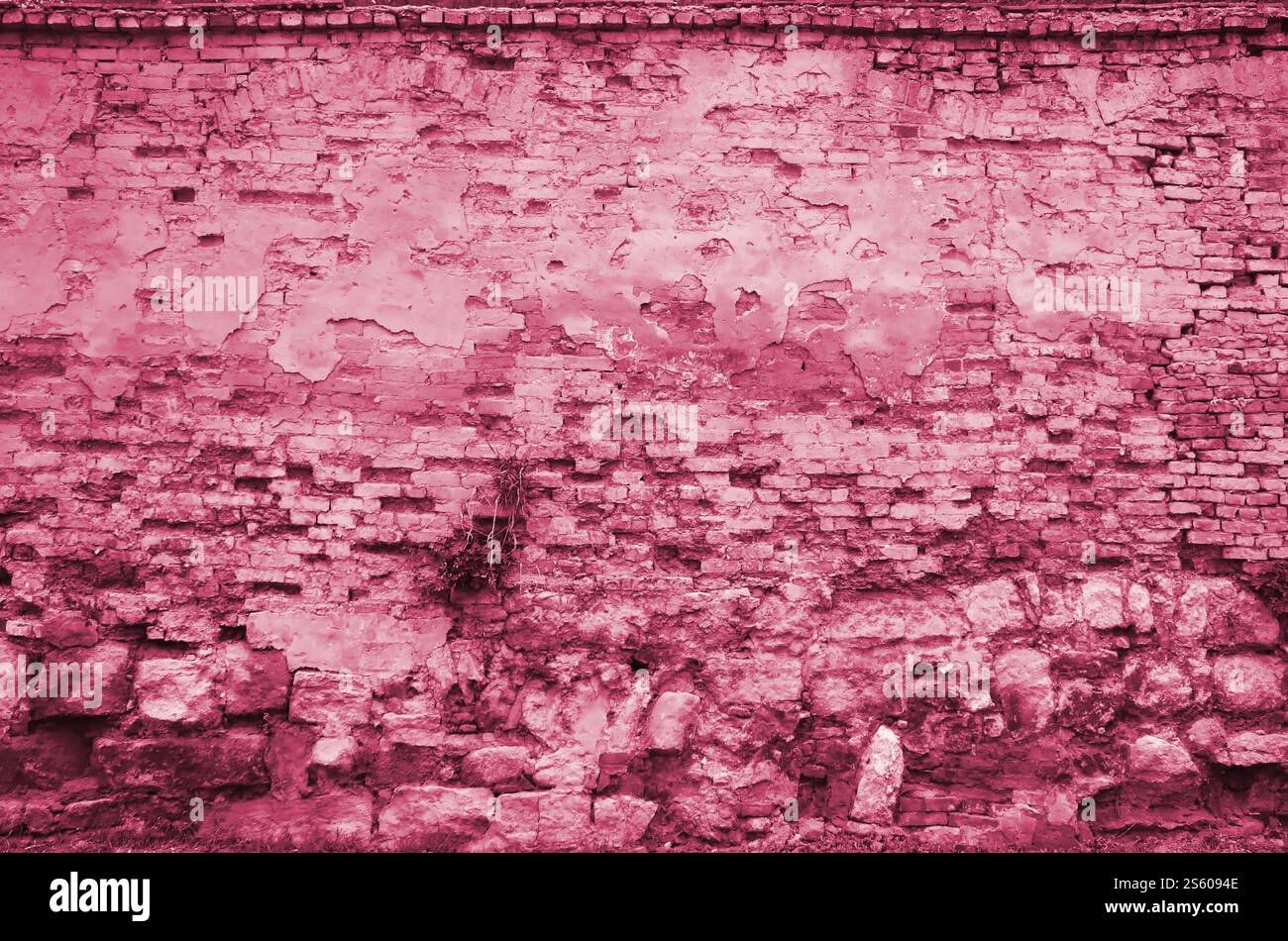 Very old damaged red brick wall with boneless bricks and cement mortar ...
