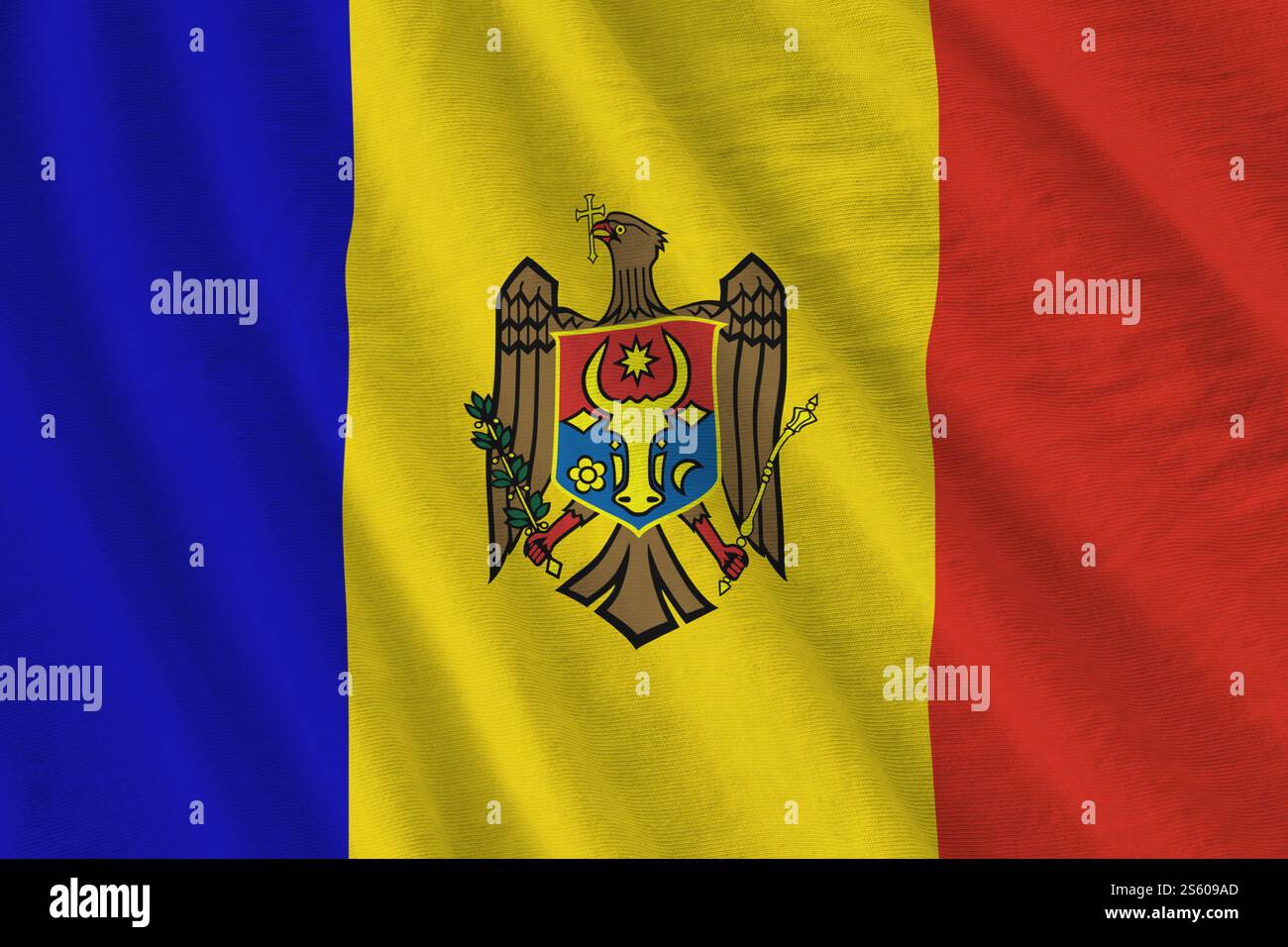 Moldova flag with big folds waving close up under the studio light ...