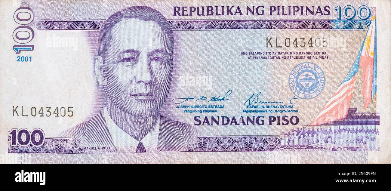 Manuel A Roxas on 100 piso Philippines money bill close up fragment ...
