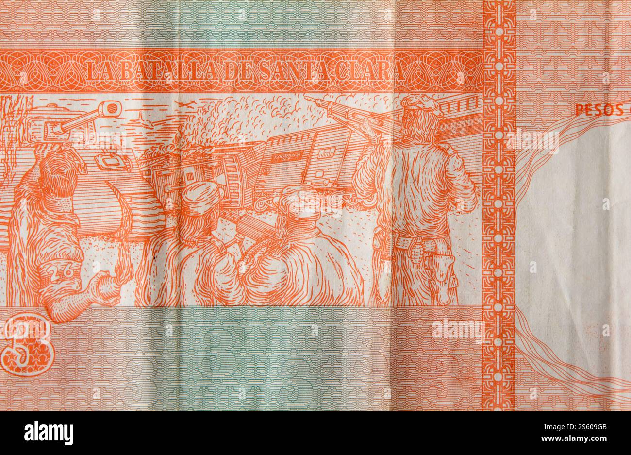 Santa Clara battle on cuban banknote of orange three pesos convertibles ...