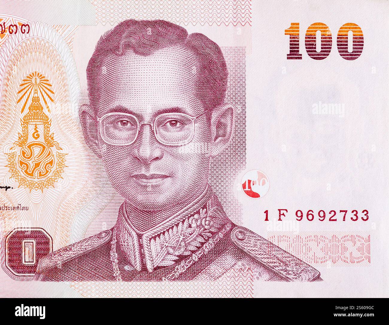 King Bhumibol Adulyadej on 100 Baht Thailand money bill close up. Bill ...