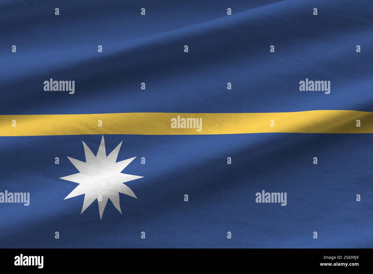 Nauru flag with big folds waving close up under the studio light ...