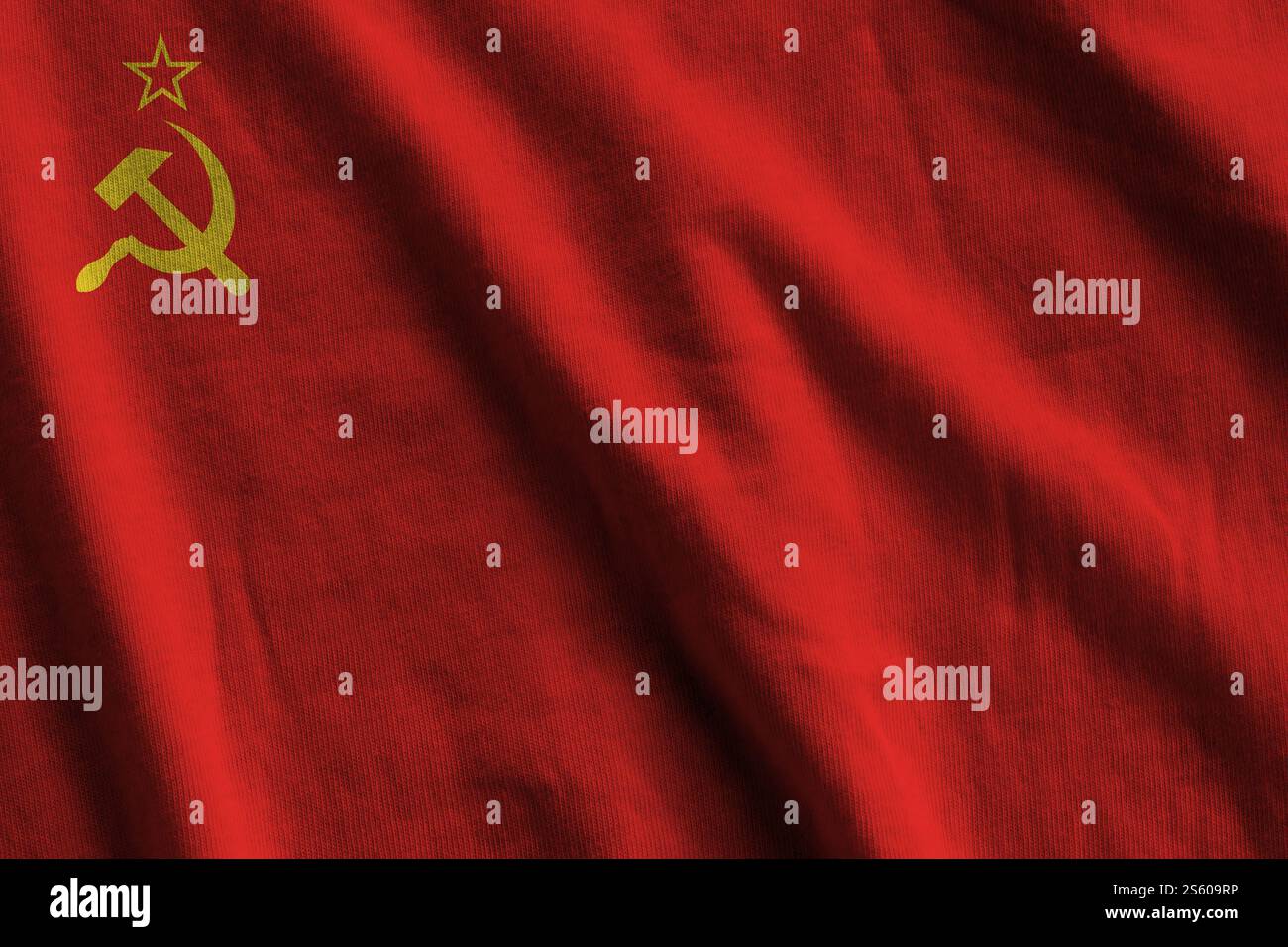 Soviet Union flag with big folds waving close up under the studio light ...
