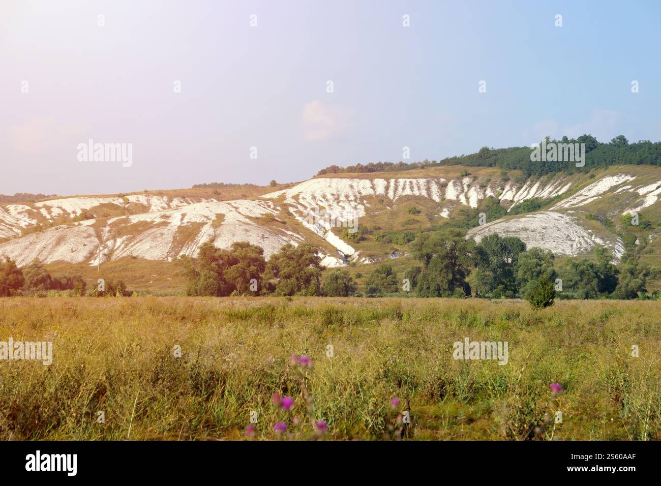 Ancient multimillion chalk mountains on the steppe surface of earth ...