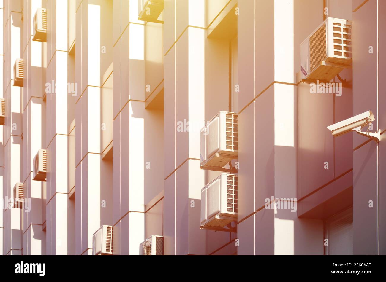 Many HVAC air conditioning and ventilation systems on wall. Outdoor Air ...