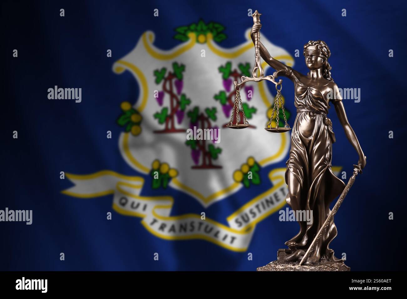 Connecticut US state flag with statue of lady justice and judicial ...