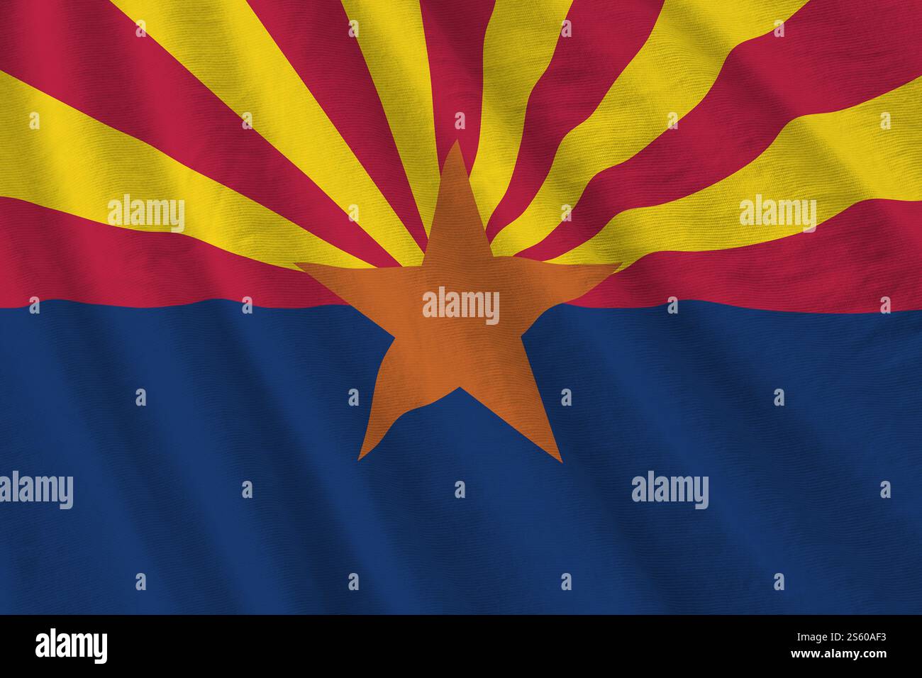 Arizaona US state flag with big folds waving close up under the studio ...