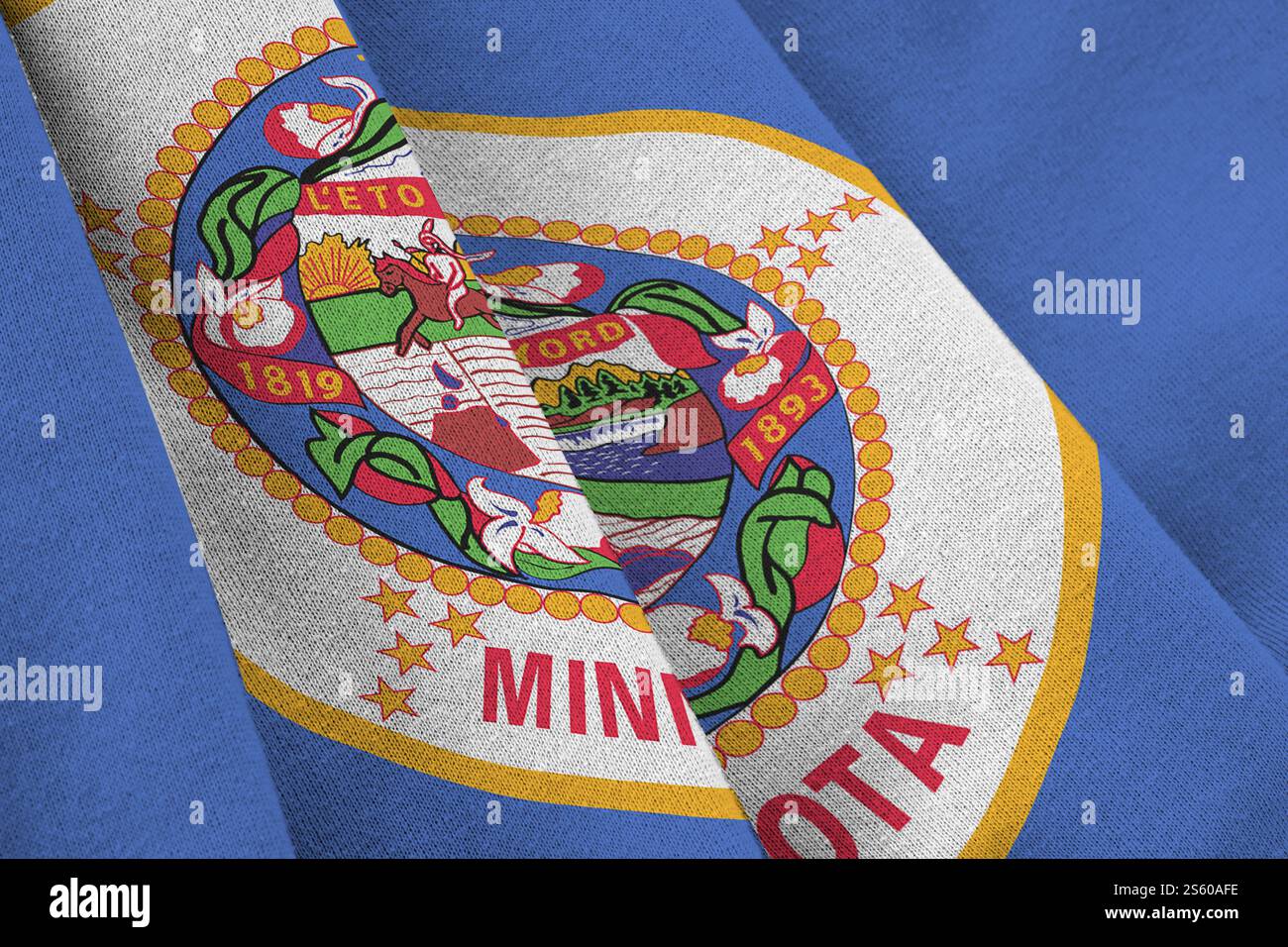 Minnesota US state flag with big folds waving close up under the studio ...