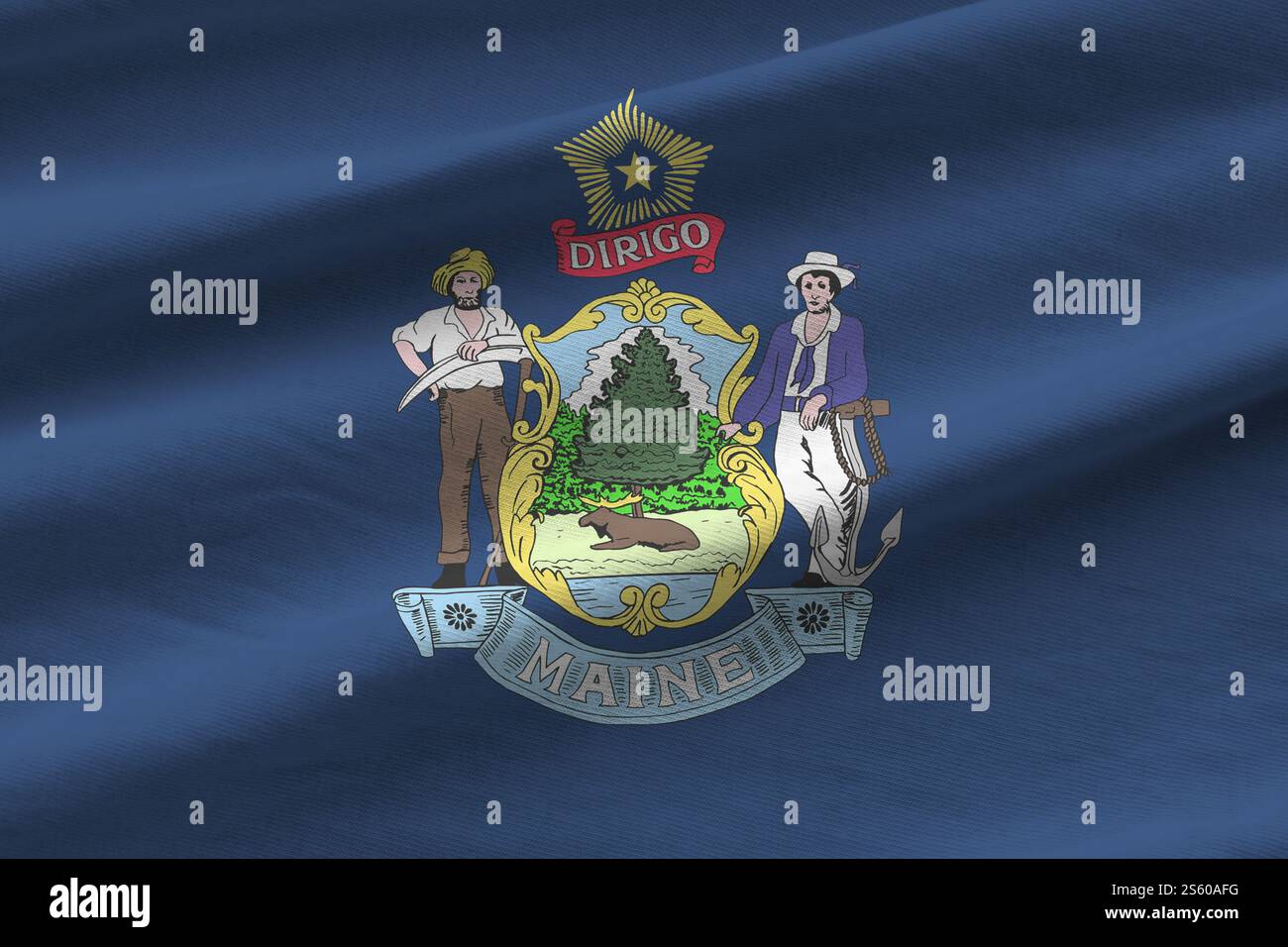 Maine US state flag with big folds waving close up under the studio ...