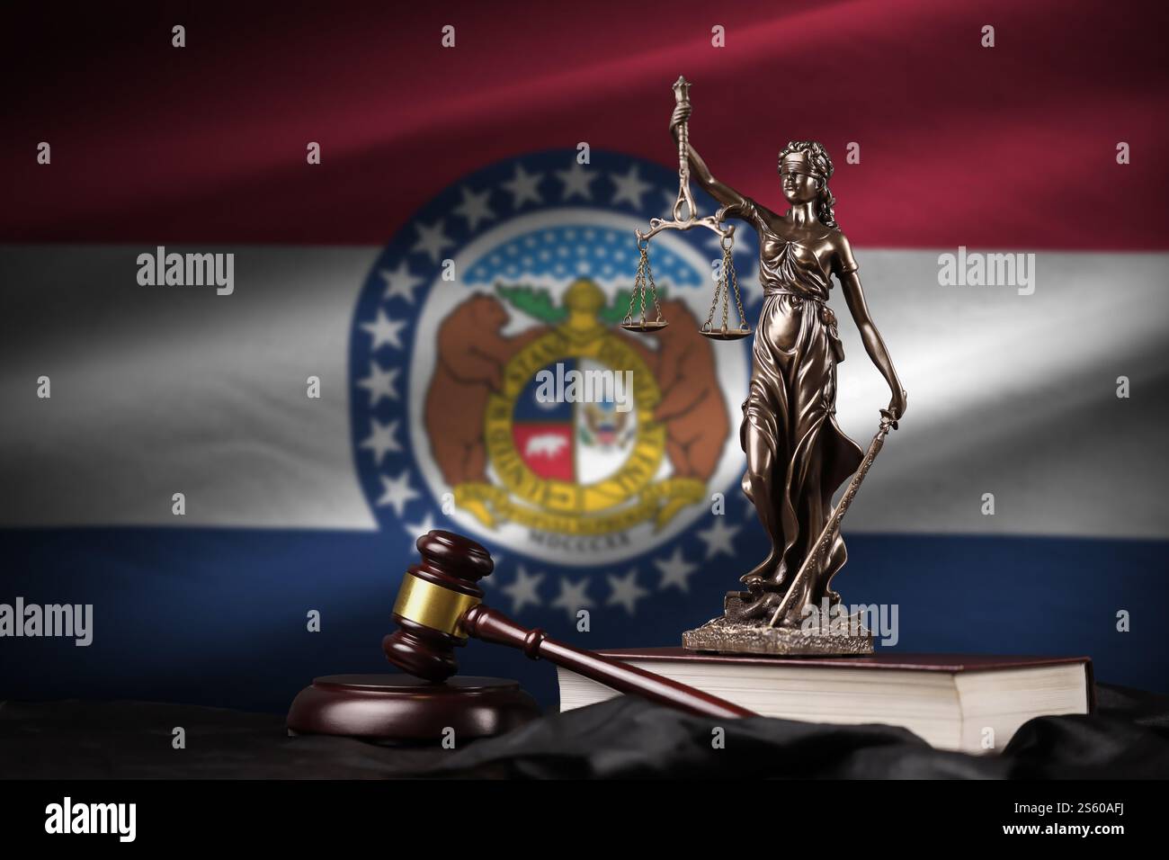 Missouri US state flag with statue of lady justice, constitution and ...