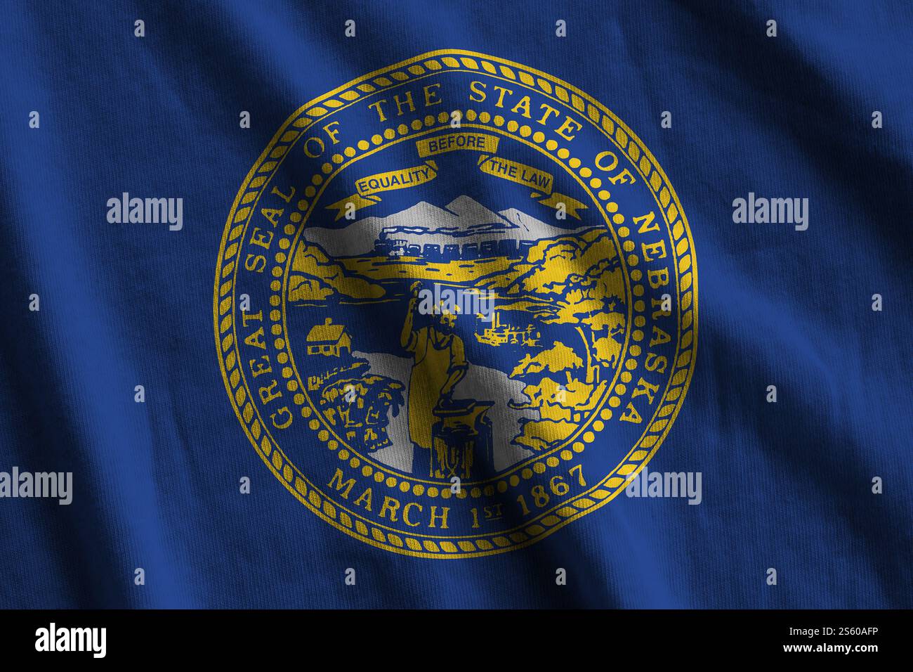 Nebraska US state flag with big folds waving close up under the studio ...