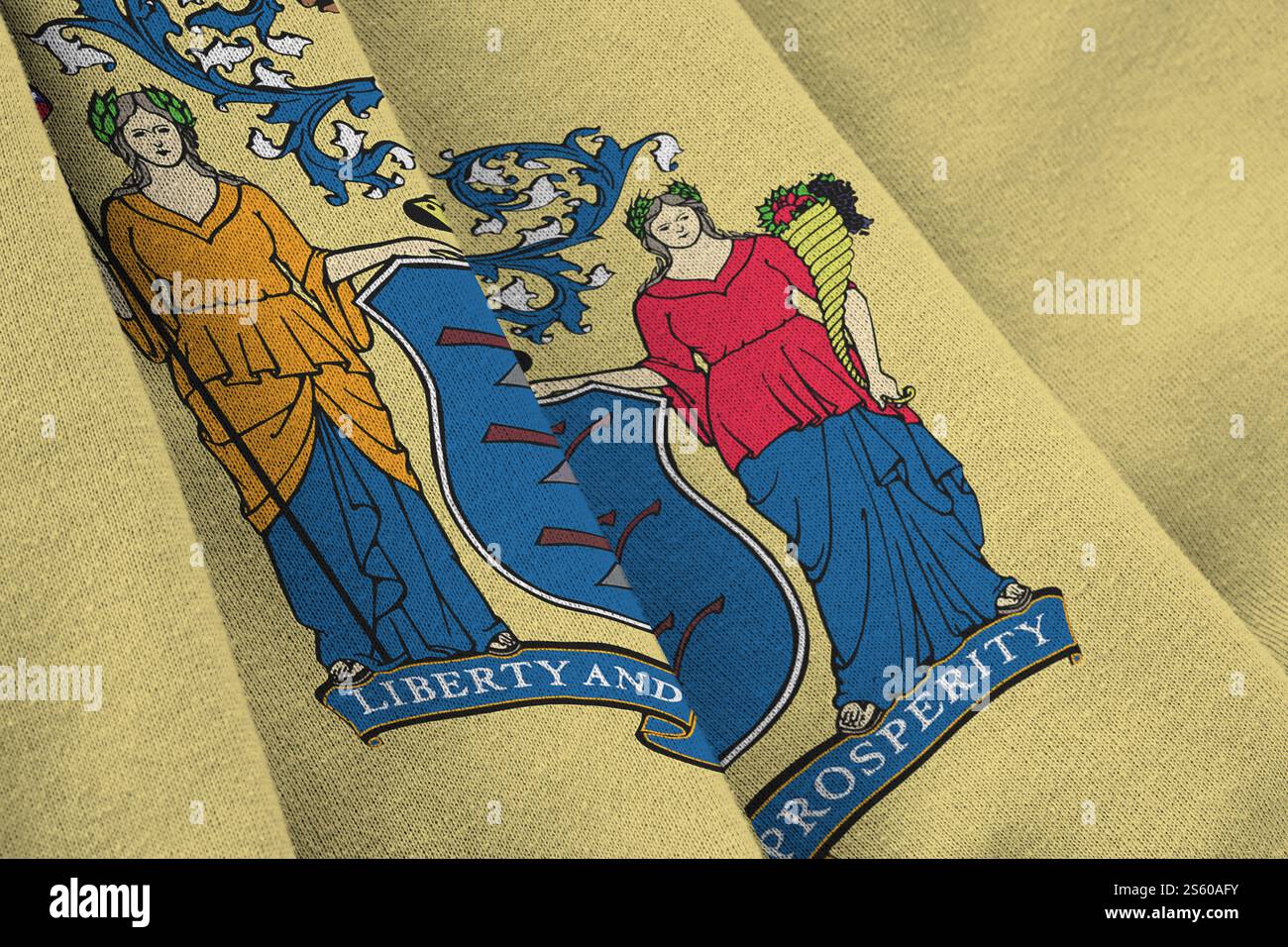 New Jersey US state flag with big folds waving close up under the ...